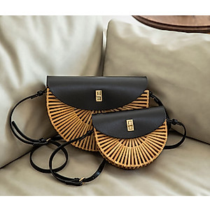 RULER TRUTH Handwoven Bamboo Bag Summer Straw Purse Crossbody Bags for Women Natural Bamboo Bag with Leather Strap, Women's Handmade Beach Purse Wicker Beach Bag Basket Purse Adjustable Strap