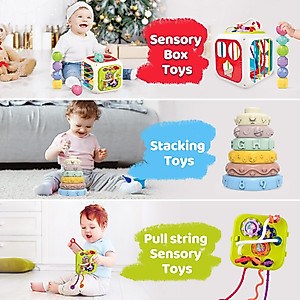 Innofans 5 in 1 Montessori Baby Toys for 3+ Year Old - Sensory Bins Toys, Travel Pull String Toy & Shape Sorter & Stacking Building Blocks & Suction Cup Spinner Toys, Birthday for Baby