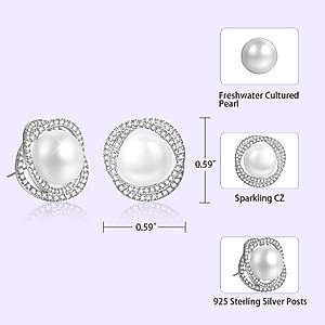 Real Pearl Earrings Studs for Women Girls,14K White Gold Plated S925 Sterling Silver Earrings,10-11mm