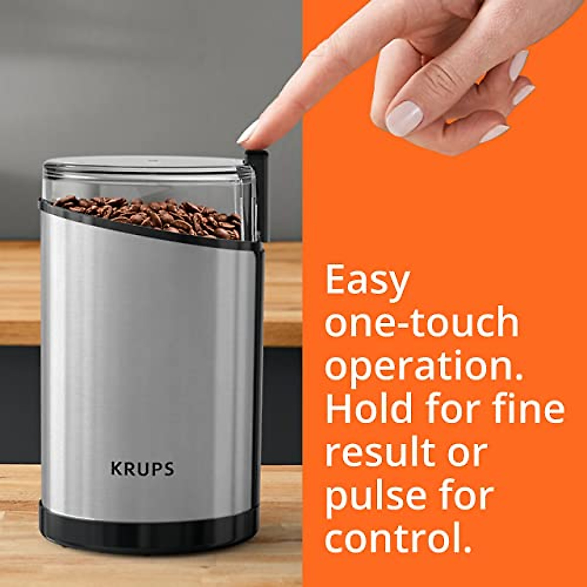 Krups Fast-Touch Stainless Steel Coffee and Spice Grinder 3oz, 85 gr bean hopper Easy to Use, One Touch Operation 200 Watts Coffee, Espresso, French Press, Spices, Dry Herbs, Nuts, 12 cups Silver