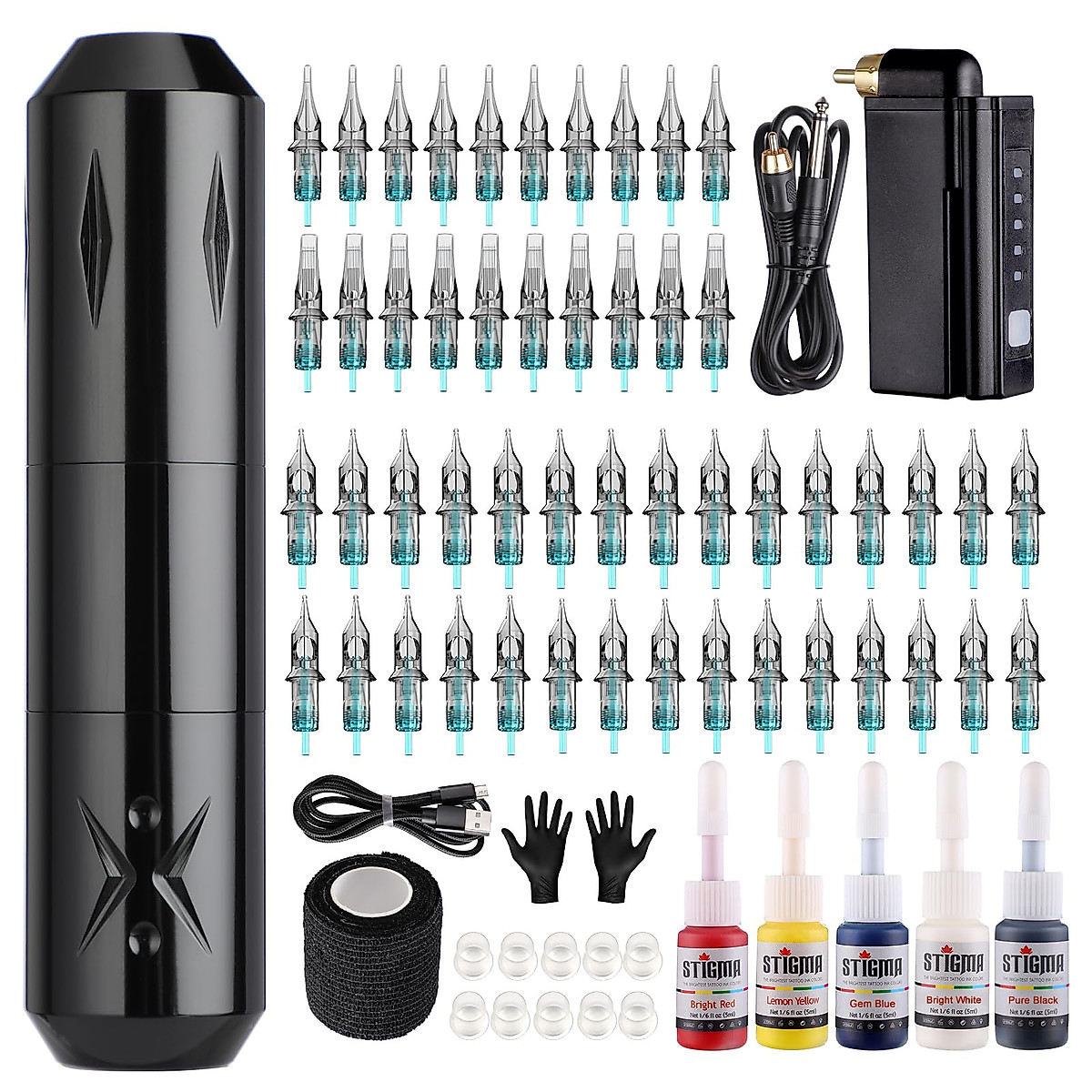 STIGMA Wireless Tattoo Gun Tattoo Kit Complete with 50pcs Tattoo Cartridge Needles 1400mAh Tattoo Battery 5 Colors Ink Set with Accessories STP29KITP199-1