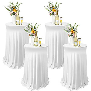 Tegeme 4 Packs Round Spandex Cocktail Tablecloths with Skirt Table Cover Stretch Square Tablecloth for Fitted High Top Bar Wedding Party Banquet (White, 32 x 43 Inch)