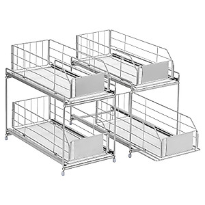 MOOACE 2 Pack Sliding Cabinet Basket Organizer, Bathroom Organizer Under Sink Shelf, Under Kitchen Cabinet Organizer, 2 Tier Multi-purpose Under Sink Storage Rack, Silver