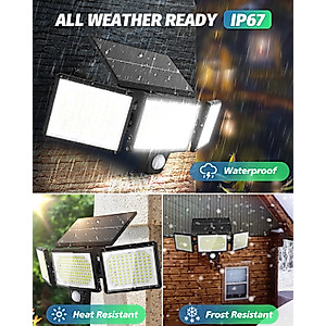 Large Solar Panel Flood Lights Outdoor, 304 Led Solar Lights Waterproof IP67, 3 Foldable Heads Motion Sensor Light with Remote, Security Lights for Front Door Garage Driveway (Always on/Motion)