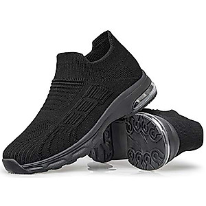 vibdiv Women Sneakers Fashion Walking Shoes Slip-on Air Cushion Lightweight Breathable Comfortable, Full Black 8