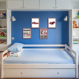 LHIUEM Race Car Wall Decor Sport Car Canvas Poster(8”X10”) Racing Mosaic Frame Wall Printed Hot Wheels Wall Art Big Dream Little Racer Wall Paintings for Boys Bedroom Playroom Classroom Ready to Hang