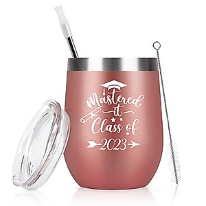 Lifecapido Graduation Gifts, Mastered It Class of 2023 Stainless Steel Wine Tumbler, Graduation 12oz Wine Tumbler with Lid and Straw for High School College Graduates, Masters Graduates, Rose Gold