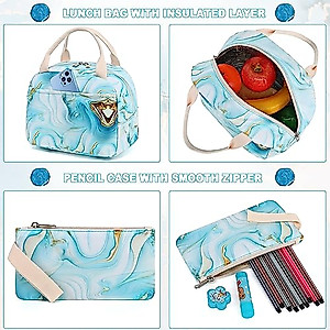 School Backpack Girls Blue Marble Bookbag Teens Water-resistant Schoolbag Kids Insulation Lunch Bag and Pencil Case