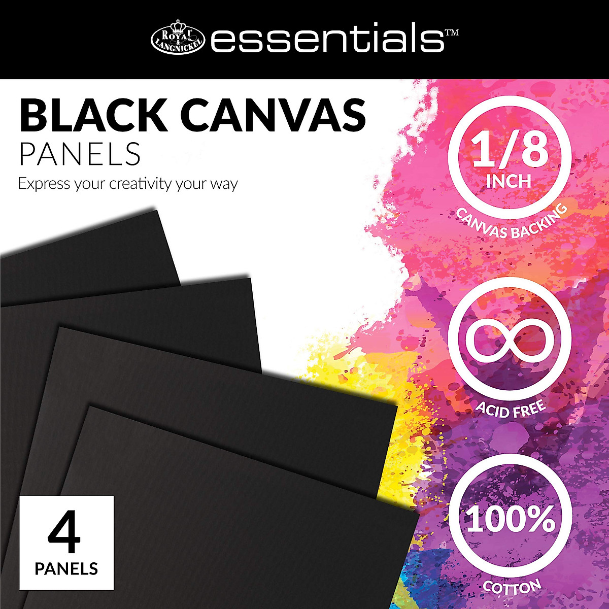 Royal & Langnickel Essentials 12x16 Black Triple Gessoed Canvas Panels Value Pack, for Oil and Acrylic Painting, 4 Pack