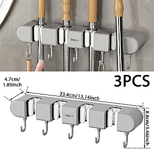ZLHETWT 3Pcs Broom Mop Holder with Hooks, Wall Mounted Mop Holder Hanger Non Perforated Plastic Broom Storage Rack Adhesive Design Mop Broom Organizer for Bathroom Kitchen Garage