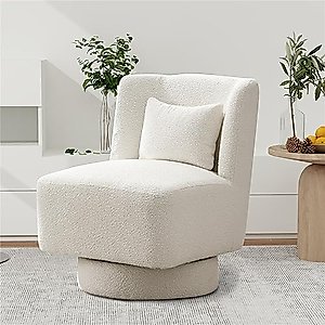 LLS Swivel Accent Sofa Chair with Lumbar Pillow, 360° Metal Base Boucle Fabric Upholstered Modern Barrel Sherpa Single Comfy Armless Couch for Living Room Bedroom Reading Lounge Corner, Ivory