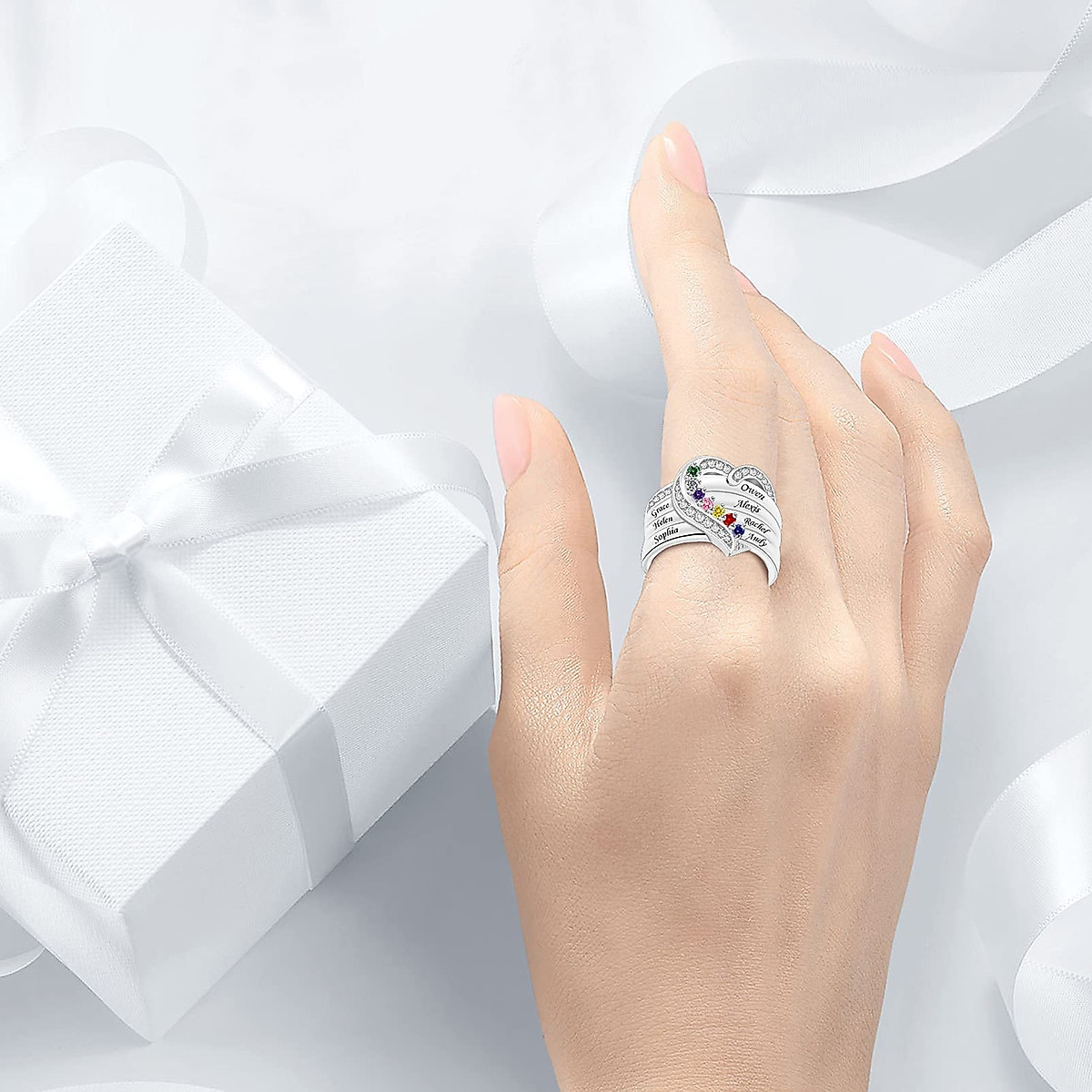 Her Gift Personalized Mother Rings with 1-8 Birthstones Heart Family Ring Custom Engraved Name Ring for Mom Women Grandma Wife (7 Names & Birthstones)