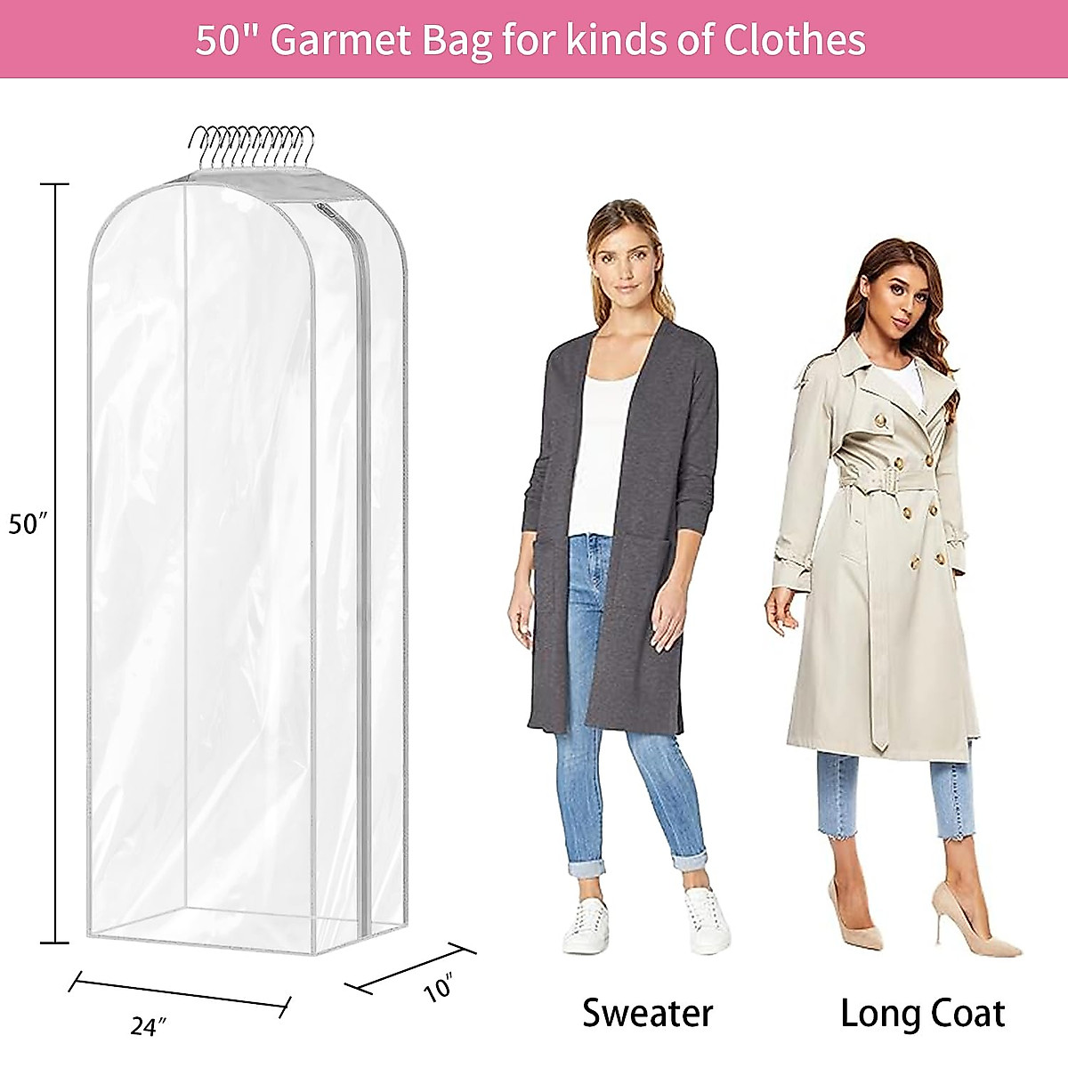 10" Gusseted All Clear Garment Bags for Hanging Clothes 4 Pack 50" Dress Bags for Closet Hanging Storage for Suit, Coats, Grey