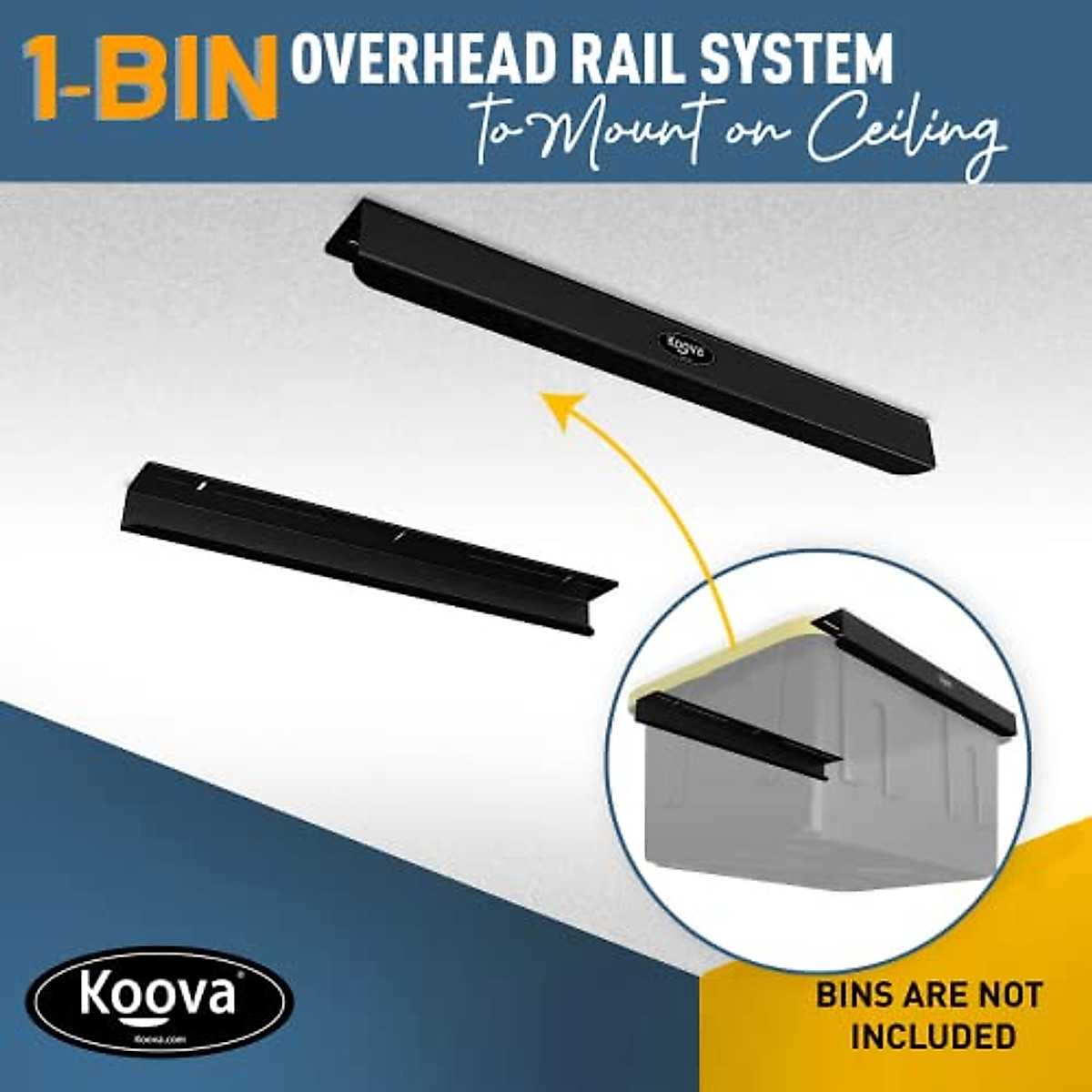 Koova Overhead Bin Rack for One Bin | Overhead Garage Storage Rack to Mount on Ceiling with Adjustable Width | Supports Most Black and Yellow Storage Bins | 1 Set