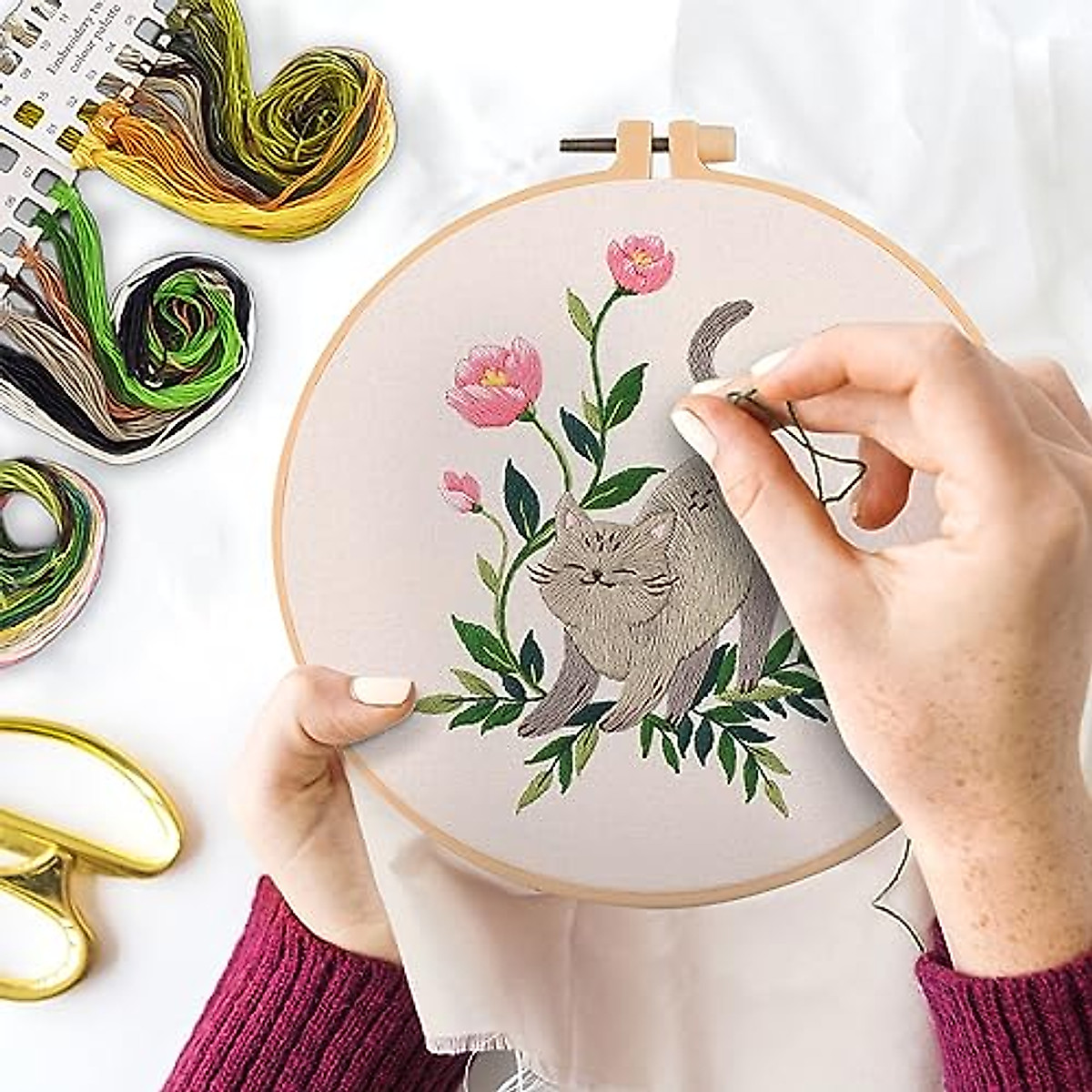 BTQKIK 3 Pack Embroidery Kit for Beginners Adults,Cat Embroidery Kit,Cross Stith Kits,Hobbies for Women with 3 Instrutions,3 Embroidery Cloth,3 Embroidery Hoops,6 Needles