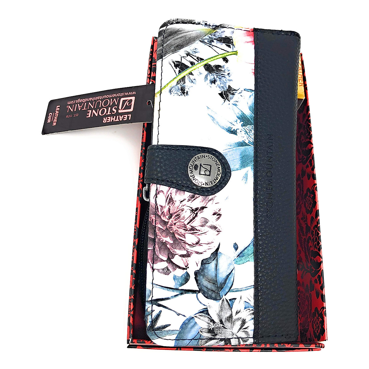 Stone Mountain Zip Around White Floral Leather Wallet in Gift Box | 7 X 4 in