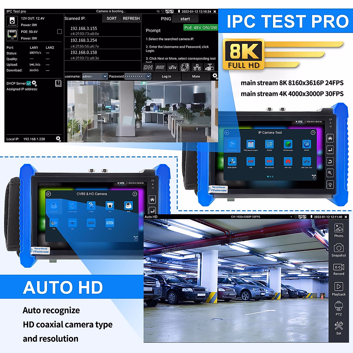 Rsrteng CCTV Tester,IPC-7600CADHS Plus 8K 32MP IP Camera Tester with Cable Tracer 4K 8MP AHD CVI TVI SDI CVBS Coaxial Camera Tester 7” Touch Screen Monitor Support HDMI VGA TDR WiFi Audio POE RS485
