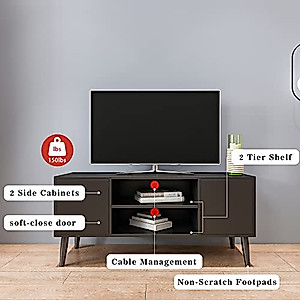 Yusong Retro TV Stand for 55 Inch TV, Entertainment Centers for Living Room Bedroom, Wood TV Bench Table TV Console TV Cabinet with 2 Storage Cabinets and Open Shelves, Black