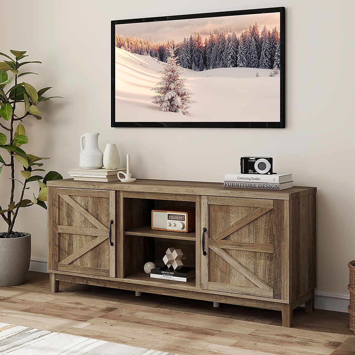 Yaheetech TV Stand Entertainment Center for 55 65 Inch TV, Farmhouse Storage TV Console Cabinet with Barn Doors for Living Room, Rustic Oak