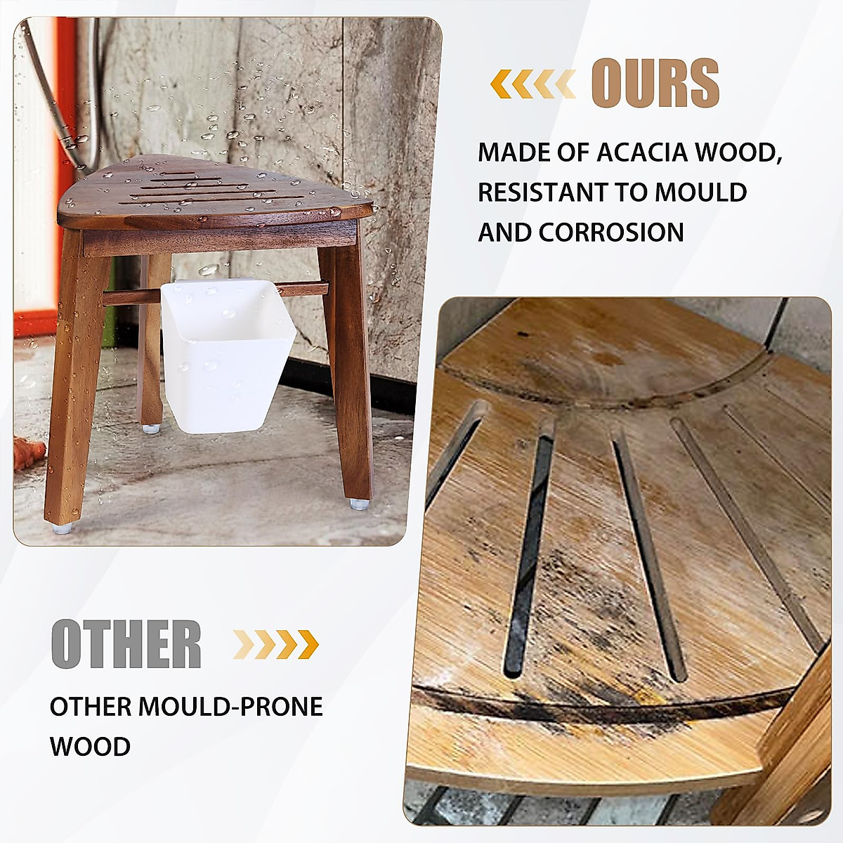 Boulphia 12.8'' Shower Stool for Inside Shower, Acacia Wood Shower Foot Rest for Shaving Legs, Waterproof Corner Shower Stool with Storage Shelf for Inside Small Shower Spaces