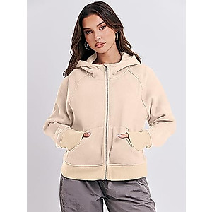ANRABESS Women's Cropped Hoodies 2023 Fall Plain Jacket Cute Teen Girl Athletic Tops Ribbed Knit Casual Long Sleeve Fleece Sweatshirts Zip Up Hippie Clothes Thumb Hole A1015shenkaqi-S Apricot