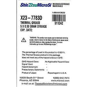 Shin-Etsu MicroSi X23-7783D, Direct from Manufacturer, Genuine High Performance Silicone Thermal Grease, Five 0.5 gm Syringes (5x0.5 gm), with Lot #, Exp. Date