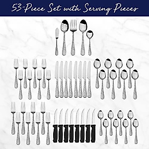 Pfaltzgraff Garland Frost 53-Piece Stainless Steel Flatware Serving Utensil Set and Steak Knives, Service for 8