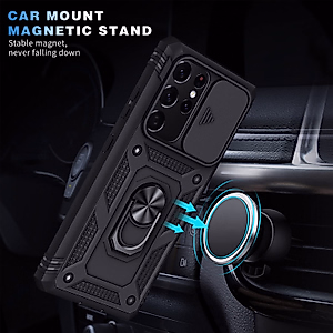 PASNEW for Samsung Galaxy S21 Ultra Case,360° Metal Ring Kickstand & Camera Cover Slide & Charge Port Dust Plug,Military Heavy Duty Full Body Shockproof Hard Shell for S21Ultra,6.8 inch,Black