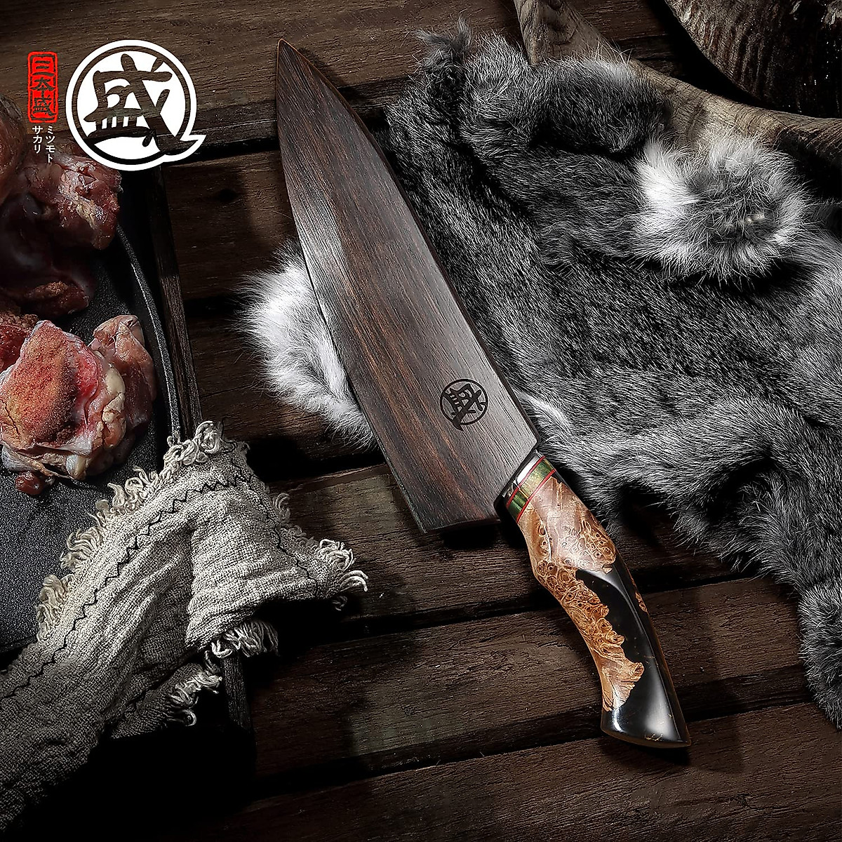 MITSUMOTO SAKARI 8 inch Hand-Forged Japanese Gyuto Chef Knife, Professional 440C Damascus Kitchen Knife, Advanced Art Forging Meat Cleaver Chef's Knives (MapleWood Handle & Gift Box)