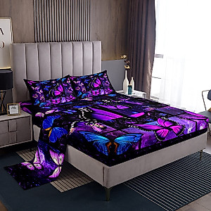 Purple Butterfly Bed Sheets Deep Pocket Queen,Mystic Galaxy Bed Sheet Set Blue Butterfly Bedding Sets For Kids Girls Teens Women,Psychedelic Starry Sky Fitted Sheet Aesthetics Flat Sheet 4 Pcs