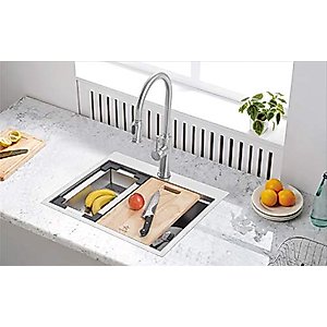 STARSTAR Workstation Ledge Topmount/Drop-in Single Bowl 304 Stainless Steel Kitchen/Yard/Bar/Laundry/Office Sink, With Grid, Colander, Cutting Board, Strainer (23 x 20 x 9-Black Colander)
