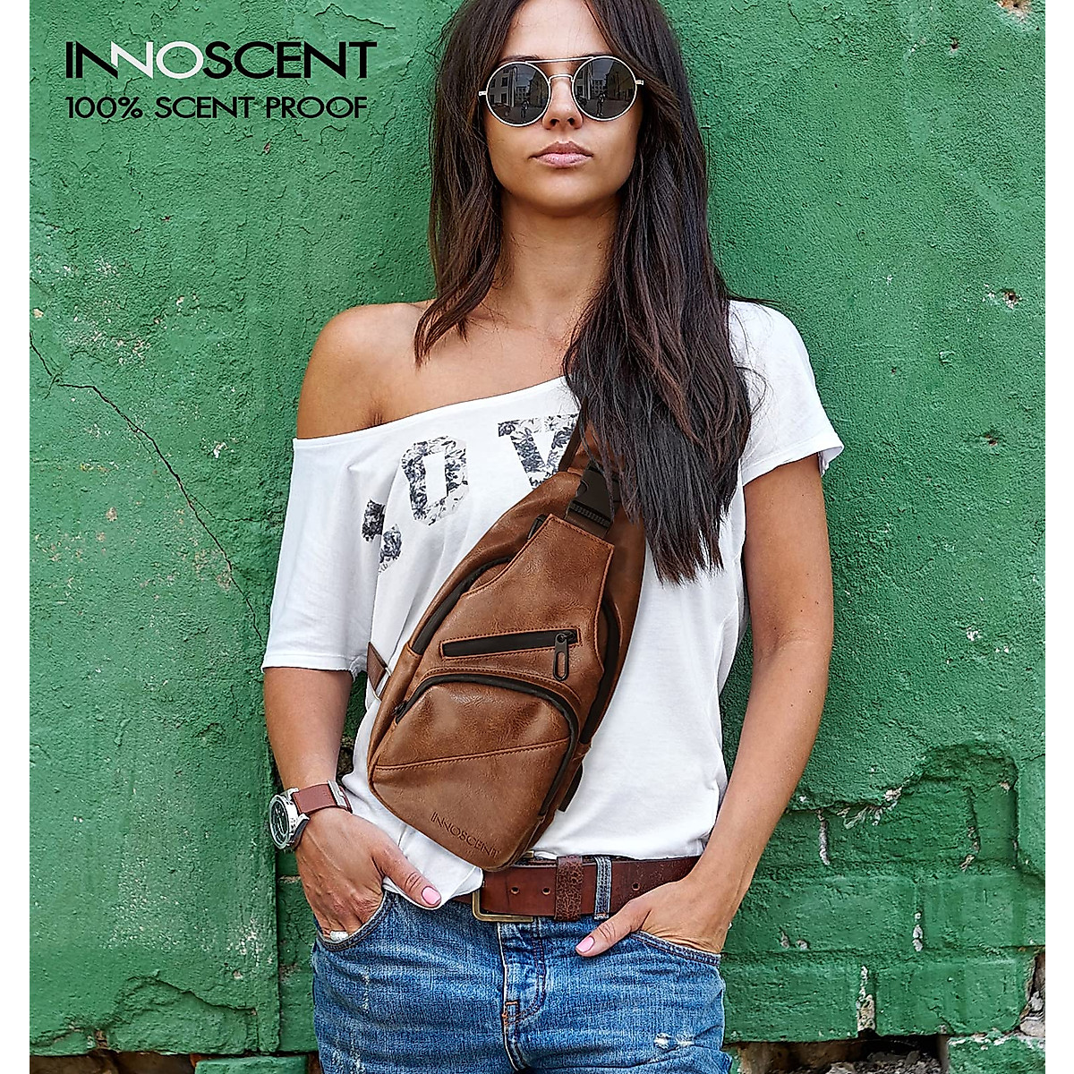 INNOSCENT SMELL PROOF Sling Bag Backpack -COMBINATION LOCK- Lightweight Waterproof Shoulder Crossbody Bag with USB/Headphone Charging Port Brown Leather.