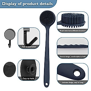 SAMEBUTECO Silicone Bath Brush Body Back Scrubber for Shower & Face Scrubber Set Bath Body Brush with Stainless Steel Inner, Long Handle 11.5 ‘’,Adhesive Free Hook,BPA-Free (3 in 1)