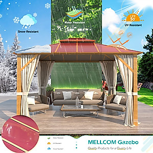 MELLCOM 10' x 12' Hardtop Gazebo, Wooden Finish Coated Aluminum Frame Outdoor Gazebo with Aluminum Double Roof, Claret Metal Gazebo with Curtains and Nettings for Patios, Gardens, Lawns, Parties