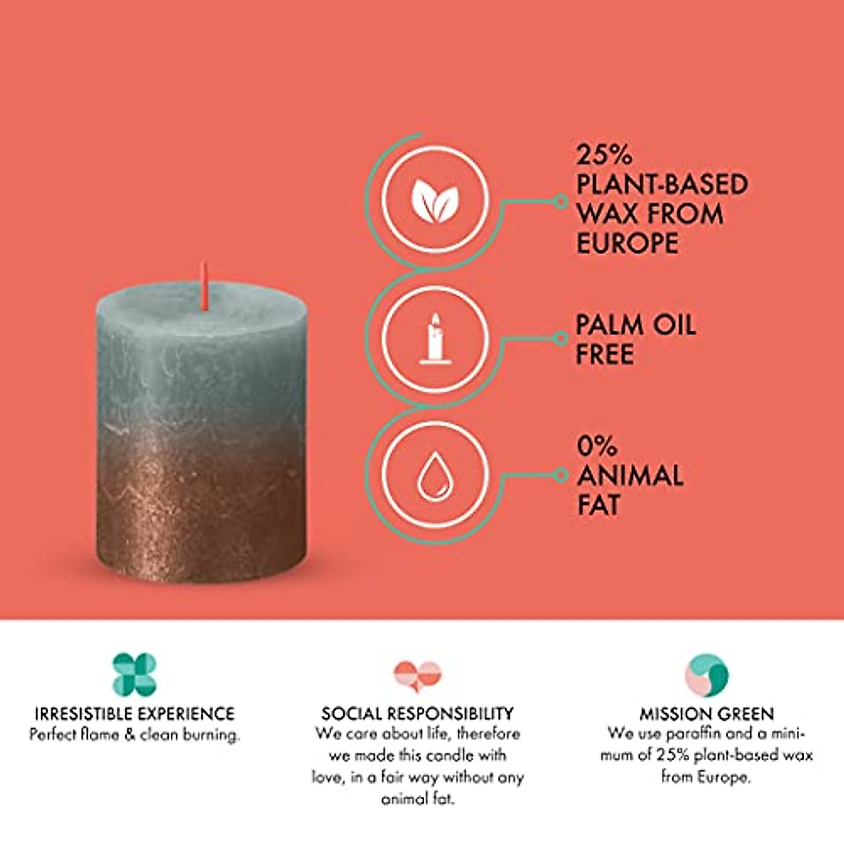 BOLSIUS 4 Pack Eucalyptus Green/Copper Sunset Rustic Metallic Pillar Candles - 2.75 X 3.25 Inches - Natural Eco-Friendly Plant-Based Wax - Unscented Dripless Smokeless 35 Hour Quality European Candles