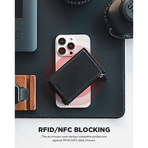 VULKIT Credit Card Holder with Leather Zipper Pocket Pop up wallet RFID Blocking Slim Metal Card Case for Men or Women(Black)