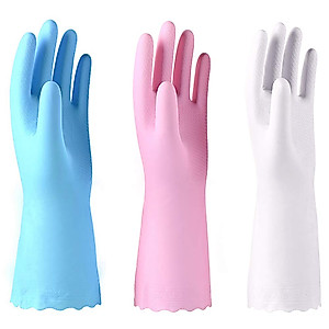 Alimat PluS 3 Pack Reusable Cleaning Gloves Latex Free, Dishwashing Gloves with Cotton Flock Liner and Embossed Palm, Waterproof Household Gloves for Laundry, Gardening (Small)