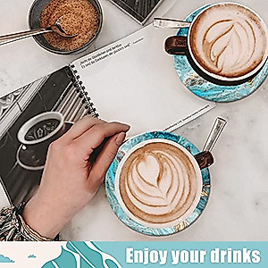 Teivio Round Drink Coasters Set of 8, Blue Marble Absorbent Stone Coaster Set, Cork Base, with Holder, Decorative Cup Coasters for Housewarming