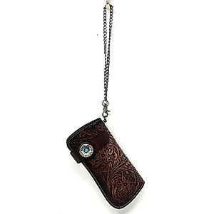 Large Concho and Print Flora Genuine Leather Women's Trifold Wallet/Cellphone Case with Exrta Wrist in 3 colors (Brown)