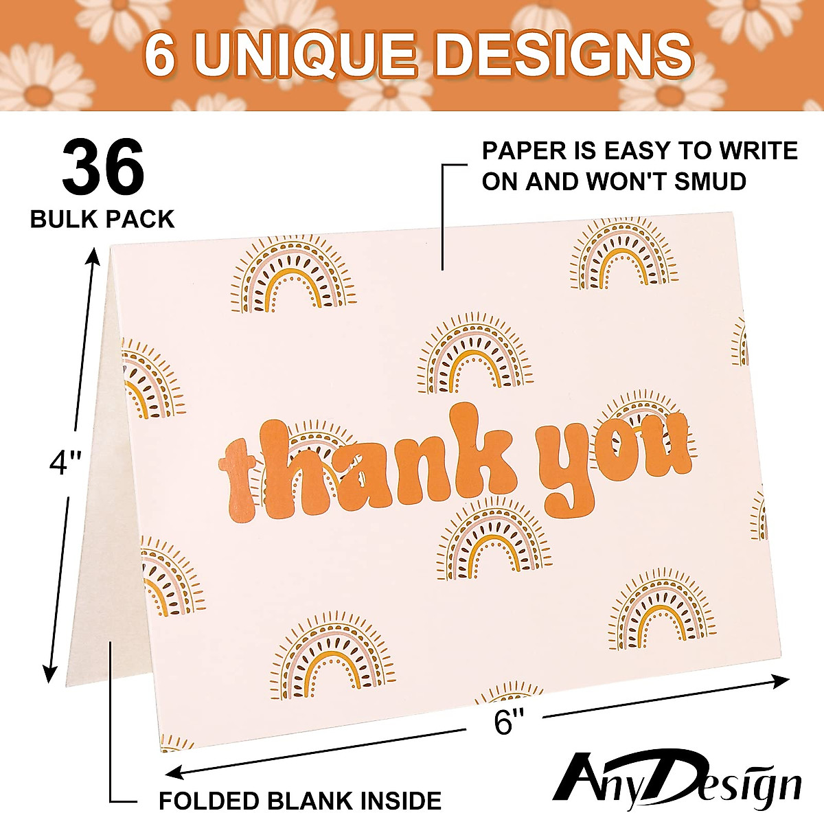 AnyDesign Boho Rainbow Thank You Card Bulk 36 Pack Rainbow Flower Note Cards with Matching Seal Stickers Envelopes Hippie Greeting Blank Cards for Birthday Baby Shower Bridal Holiday Party, 4 x 6