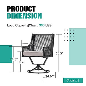 Patiorama Outdoor Swivel Dining Chairs Set of 6, Patio Wicker Dining Chairs, All-Weather Twisted PE Rattan Chairs, Outside Metal Swivel Chair with Cushion for Lawn Garden Backyard, Black/Light Gray