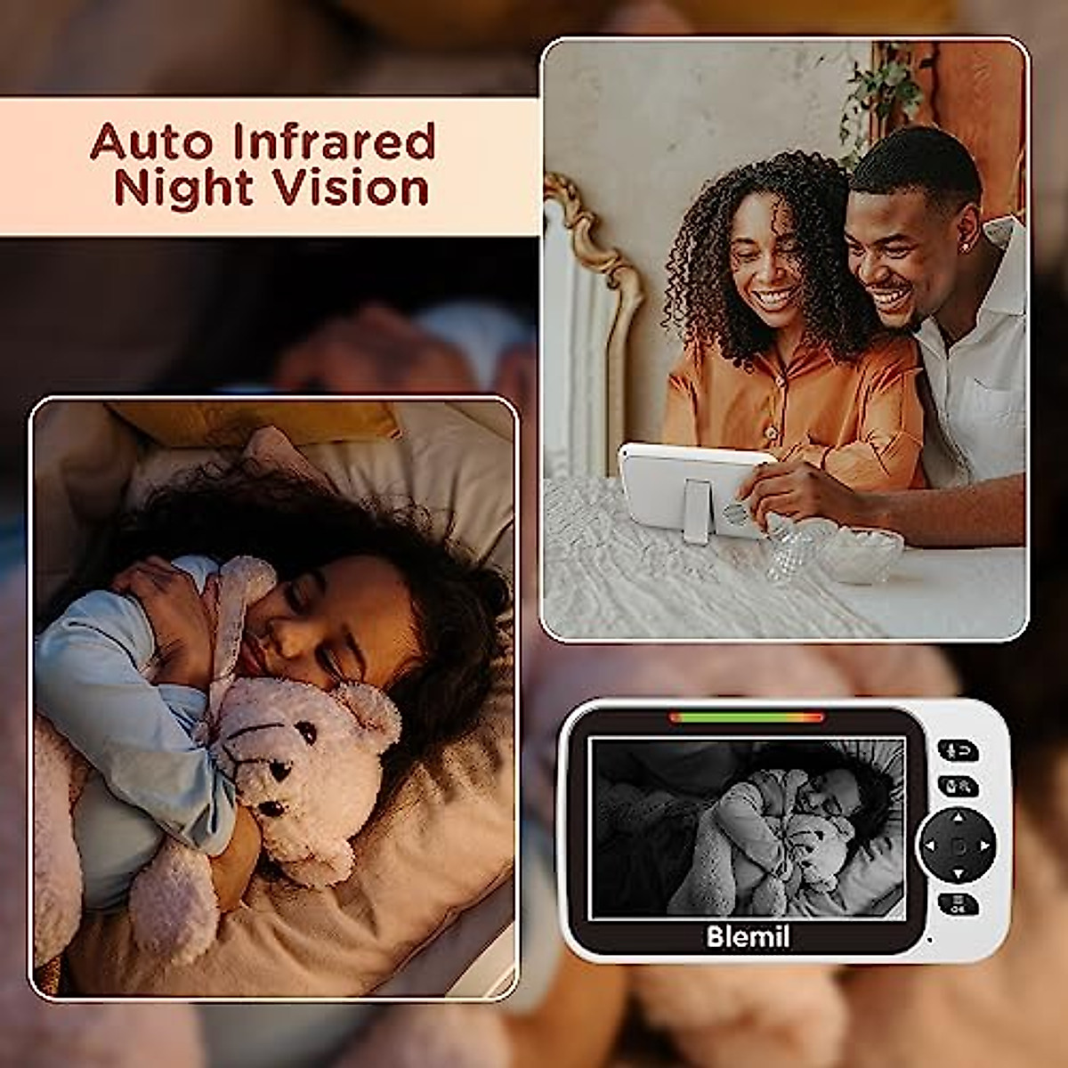 Blemil Baby Monitor with 30-Hour Battery, 5" Large Split-Screen Video Baby Monitor with Camera and Audio, Remote Pan/Tilt/Zoom Camera, Two-Way Talk, Night Vision, Lullabies, No WiFi