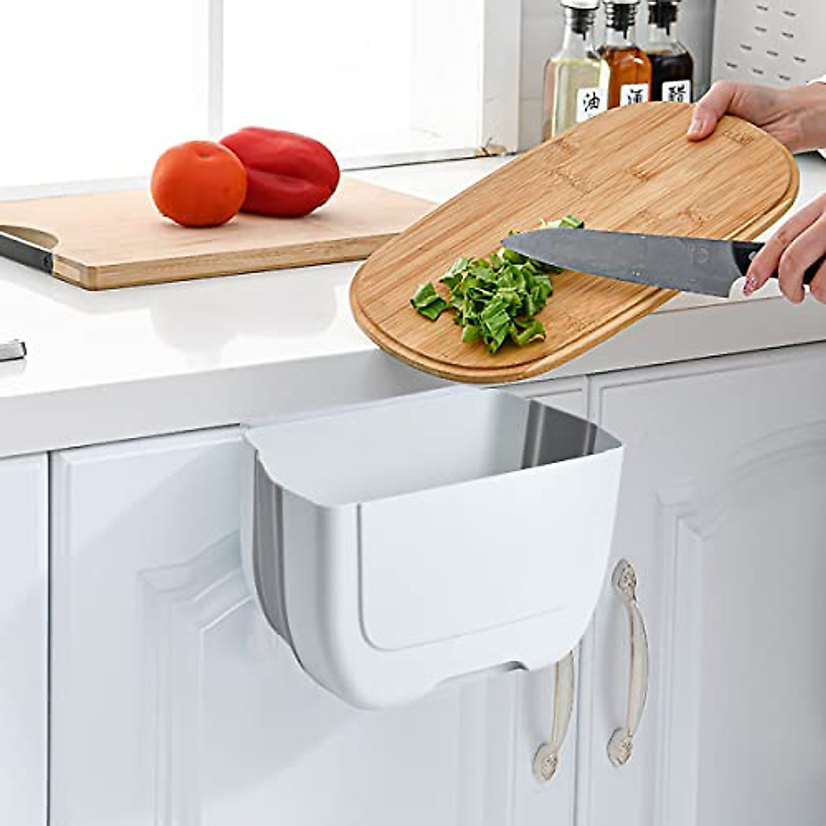 Hsxfl Hanging Trash Can for Kitchen, Mini Foldable Waste Bin Small Collapsible Garbage Can Under Sink, 3L Wall Mounted Folding Trash Bin for Cabinet/Bedroom/Car/Bathroom (White)