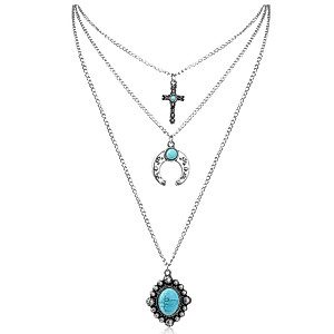 IDesign Western Layered Necklace for Women Cowgirls Turquoise Stone cross Western Cowboy Necklaces Bull Head Necklace Jewelry for Women