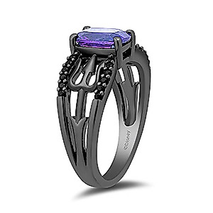 Jewelili Enchanted Disney Fine Jewelry Black Rhodium over Sterling Silver 8x6 MM Cushion Shape Amethyst and 1/5 Cttw Treated Black Round Diamond Ursula Ring, Size 7