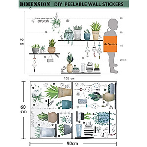Green Pot Plants Leaves Wall Decals Wall Stickers for Bedroom Leaf Wall Mural as Wall Decor for Living Room | 90cm x 180cm Removable Stickers for Home Walls Decoration as Housewarming Birthday Gift