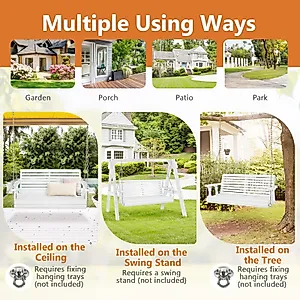 Tangkula 2 Person Hanging Porch Swing, Outdoor Bench Swing with Adjustable Chains, High Back, Cozy Armrests, Wooden Tree Swing Chair for Patio Backyard Deck Garden (White)