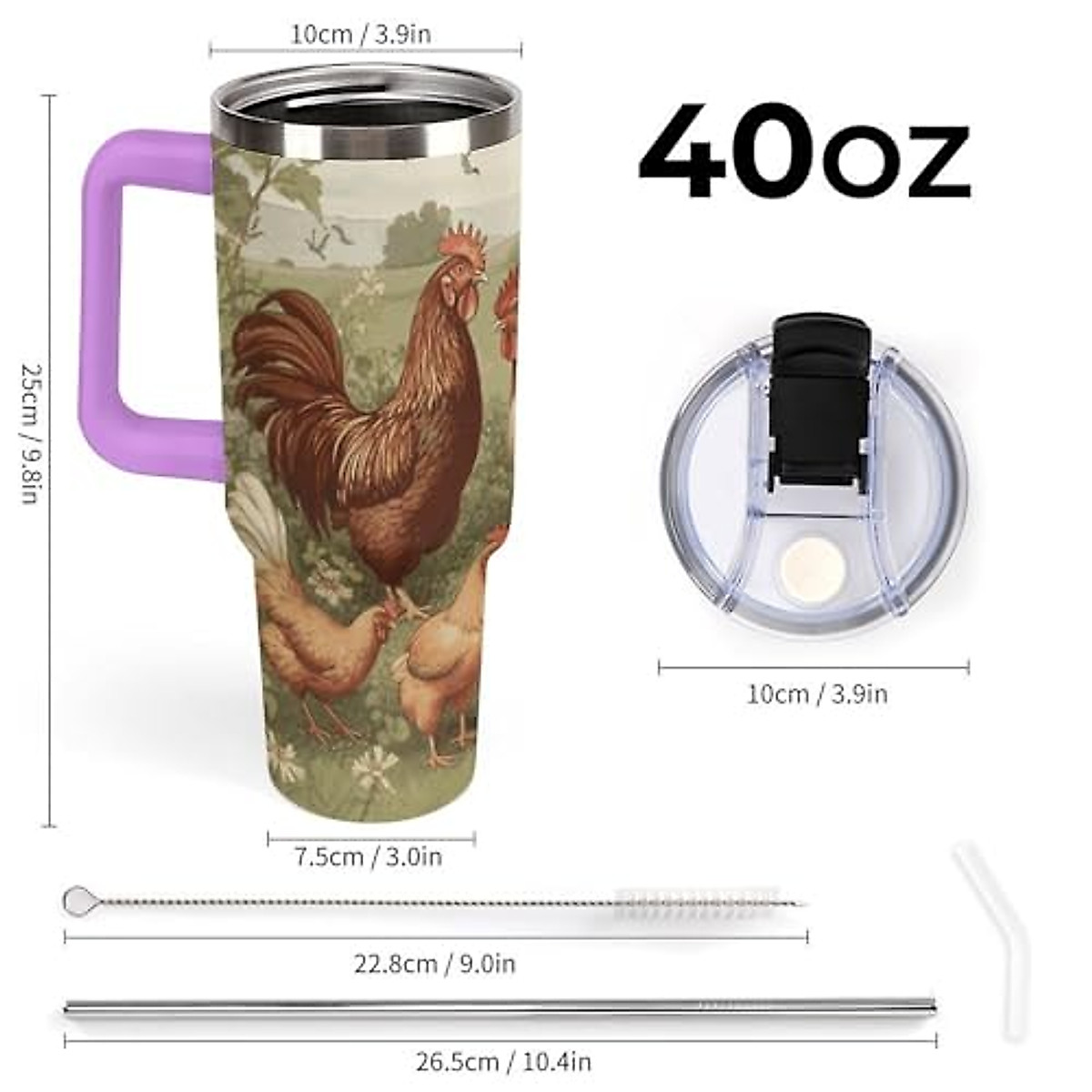 LLUTSNTH 40 Oz Vacuum Tumbler with Violet Handle Leakproof Insulated Tumbler Chickens And Farm Stainless Steel Travel Mug with Lid And Straw Coffee Cup Cute Water Bottles Cup Holder Friendly