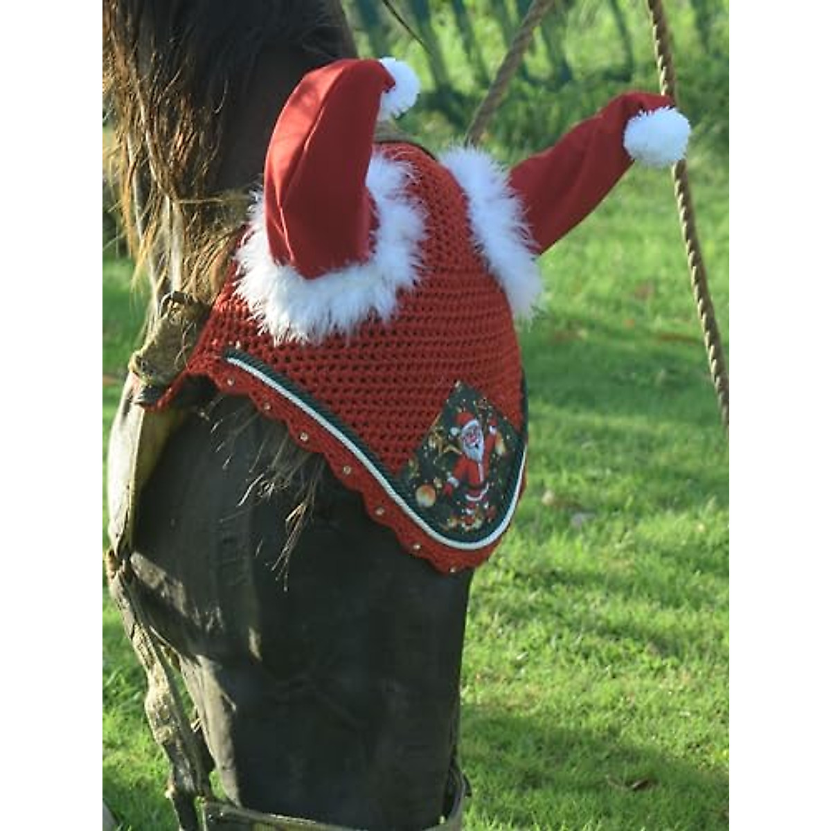 Santa Claus Christmas Horse Fly Bonnet Net Hat Hood Mask Fly Veil Full Hand Made Cotton (Horse/Full)