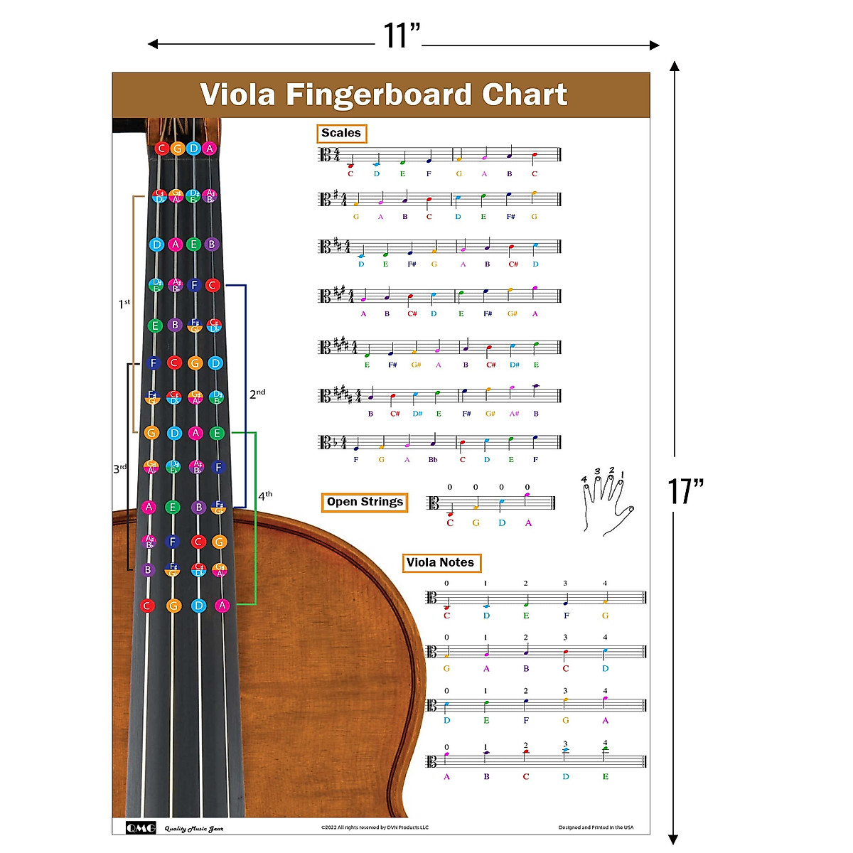 Viola Fingering Chart with Color-Coded Notes, Viola Scales Techniques Suitable for All Levels, Made in the USA